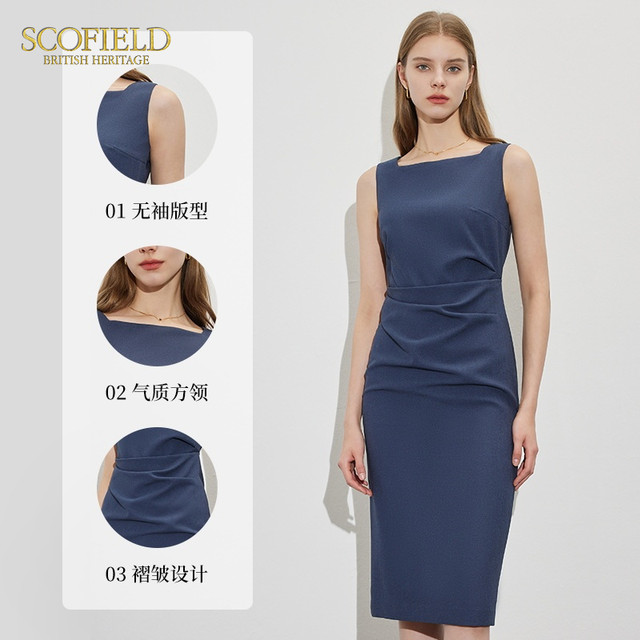 Scofield women's simple square collar dress irregular stand pleated ...