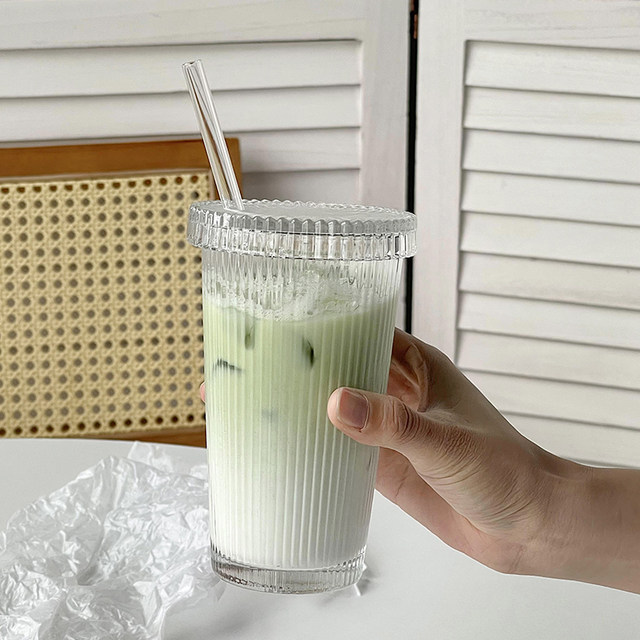 Vertical striped straw cup with lid, ins style high-looking glass water ...