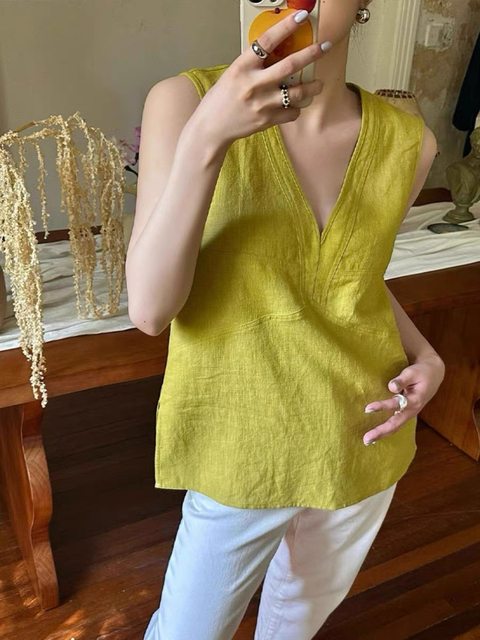 100% Ramie minimalist spring and summer bright color new Chinese v-neck ...