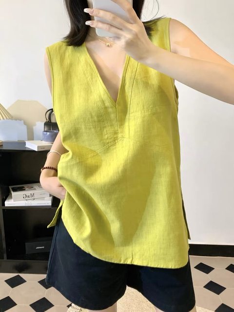 100% Ramie minimalist spring and summer bright color new Chinese v-neck ...