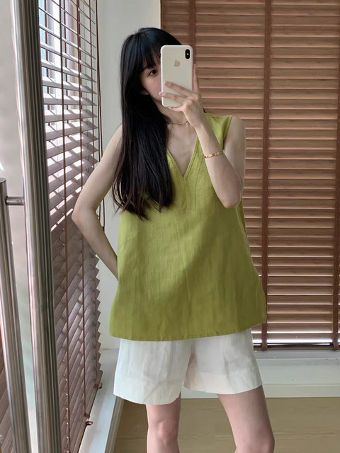 100% Ramie minimalist spring and summer bright color new Chinese v-neck ...