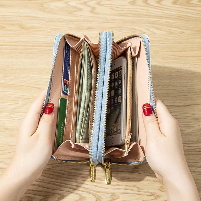 New ladies long wallet double zipper mobile phone bag student rivet ...