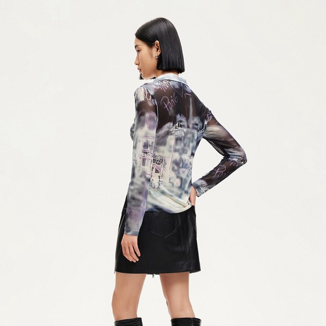 VERO MODA Ole Top Girl 2024 Autumn New V -neck Net Sinaine Bottom Slim Fashion Fashion Printing