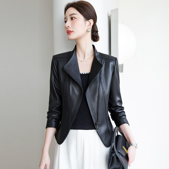 Haining Genuine Leather Jacket Women's Short Diagonal Zipper Sheepskin ...