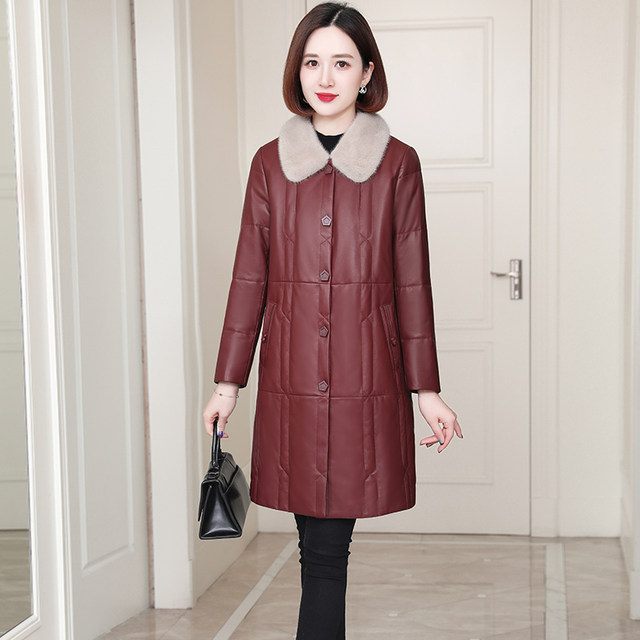 Haining Leather Coat Genuine Leather Down Jacket Women's Medium Long ...