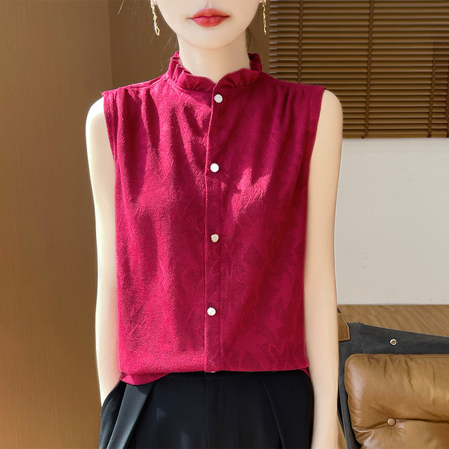 High-end shirt for women with half-open collar sleeveless knitted inner ...