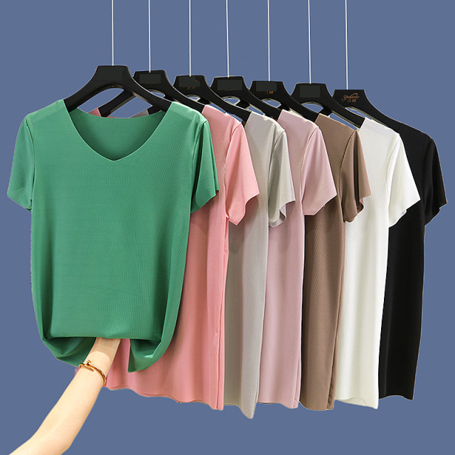 V-neck short-sleeved solid color ice silk top summer thin solid color ...