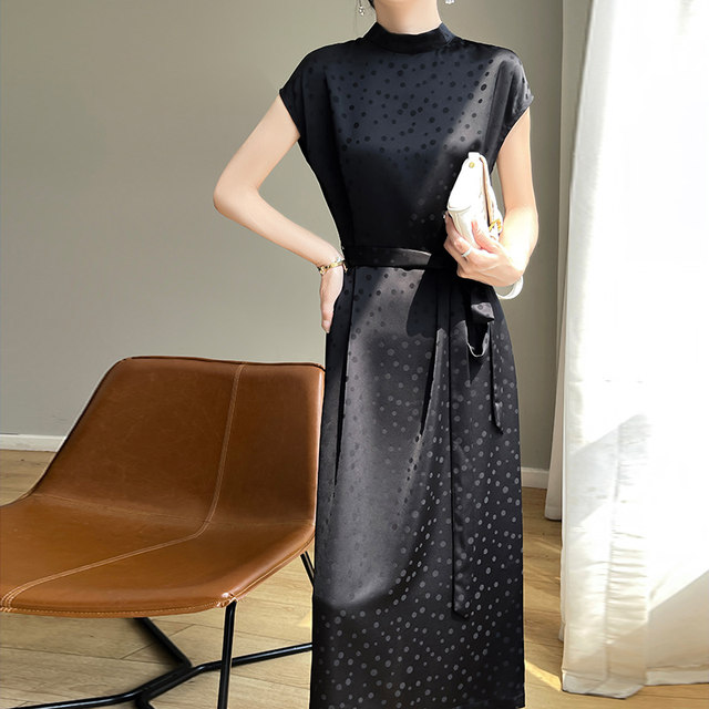 Acetate satin short-sleeved dress for women, half high neck polka dot ...