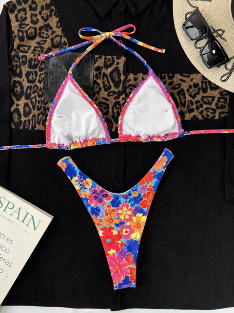 2023 European and American beauty split swimsuits with printed straps ...