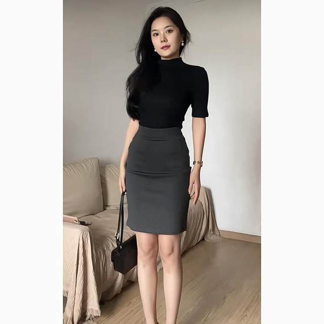 French temperament black half -high neck slim slim top high waist high ...