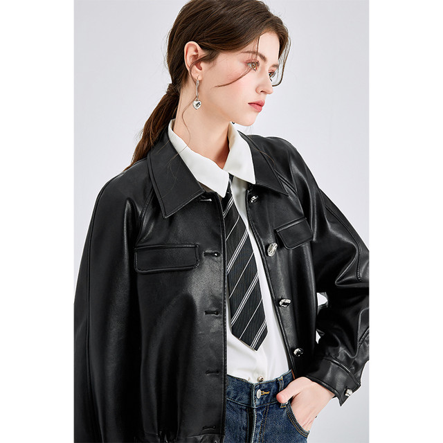 Qiu Shui Ren French leather jacket outer jacket female 2024 autumn new A -line loose wild niche ...