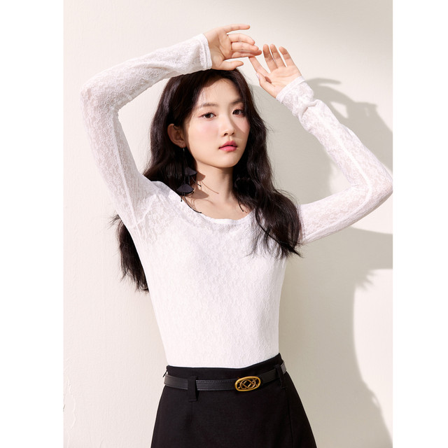 Qiu Shui Ren embroidered lace long -sleeved base T -shirt 2024 Autumn new female fairy slim ...