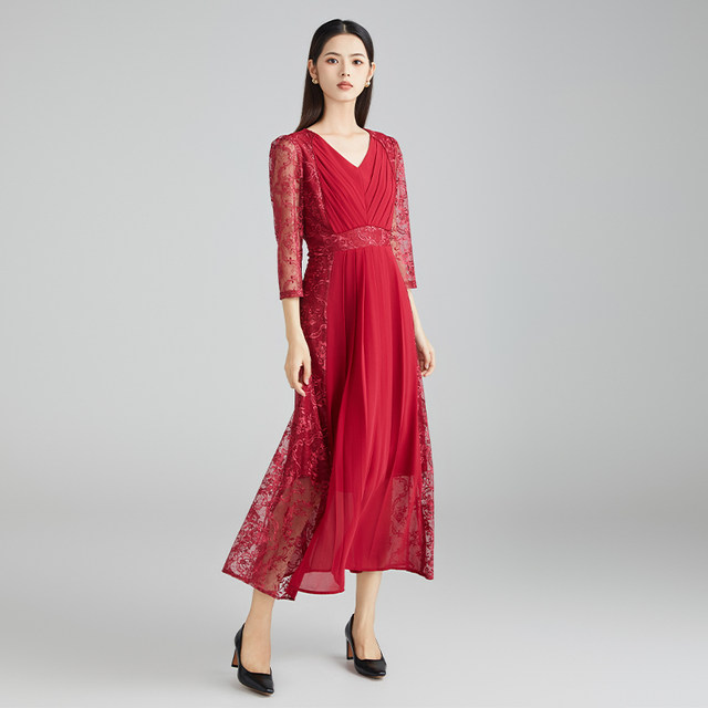 Ma Tiannu Spring and Autumn New Solid Color V-neck Embroidered Dress ...