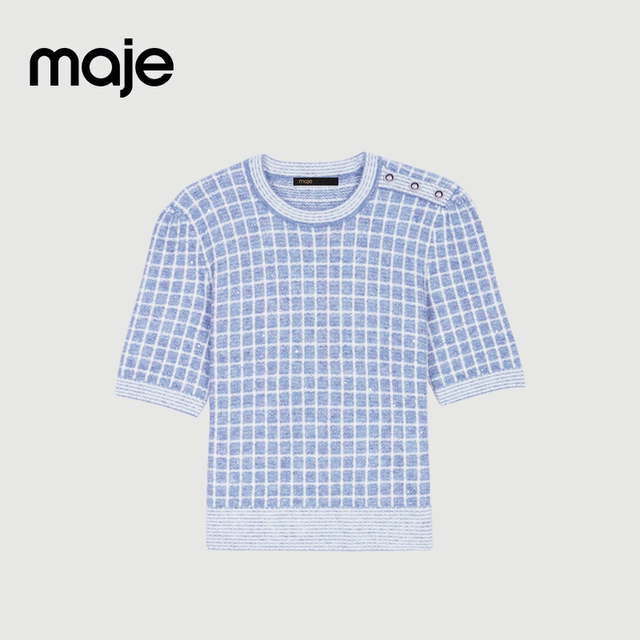 Maje Outlets Women's Temperament Blue Plaid Pullover Short Sleeve Round ...