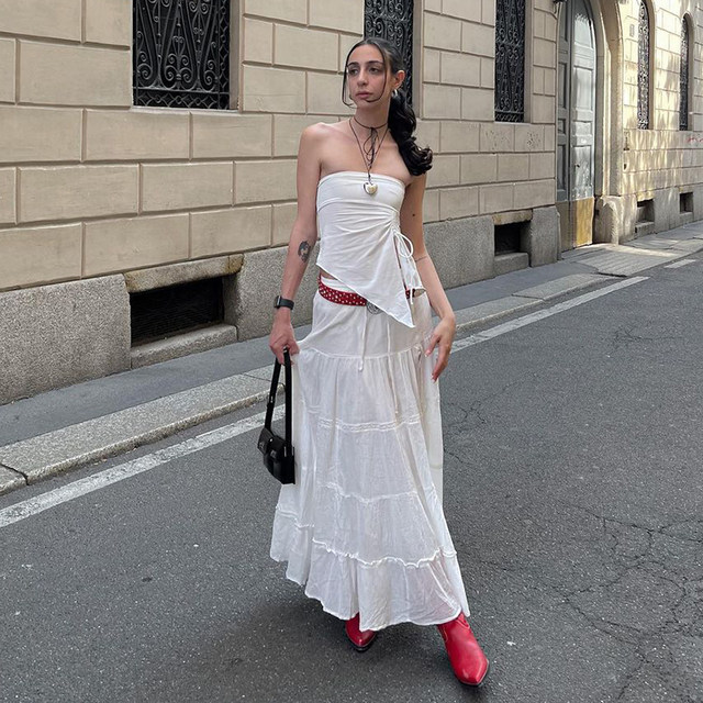 AOMR Bohemian white high -waisted split long skirt in summer seaside ...