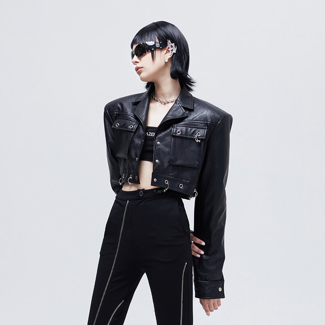 Azepam cool quilted PU leather motorcycle short jacket functional style ...