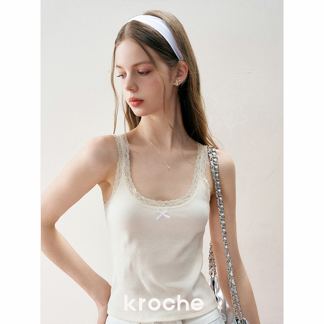 Kroche lace splicing, ribbon bow, candy color versatile suspender vest top