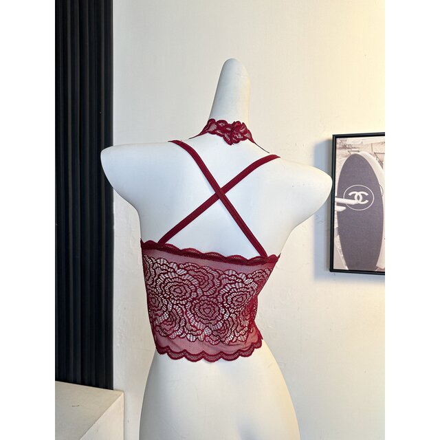 Pure sexy red lace camisole women's spring inner wear with busty halter ...