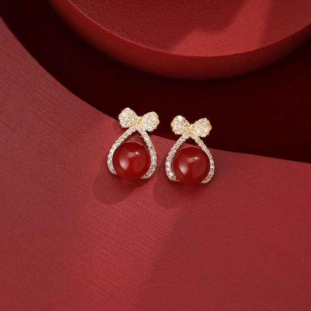 New Year's wine red diamond pearl earrings Female bowless ear pierced ...