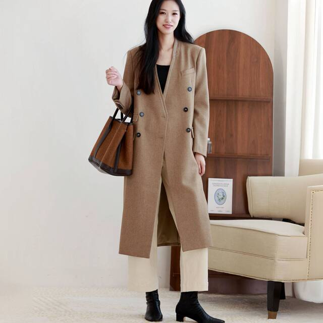 Twill high count worsted wool long suit coat collarless triangle stitch ...