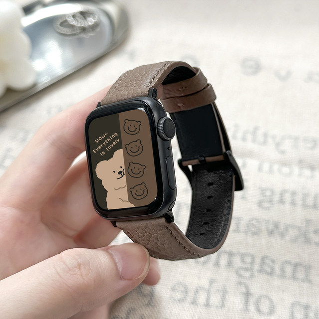 Applicable to applewatchS10 leather S9 strap simple milk cafe lychee ...