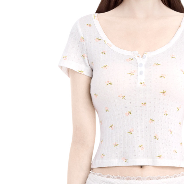 BM top 2025 summer new women's short-sleeved small floral three-button ...