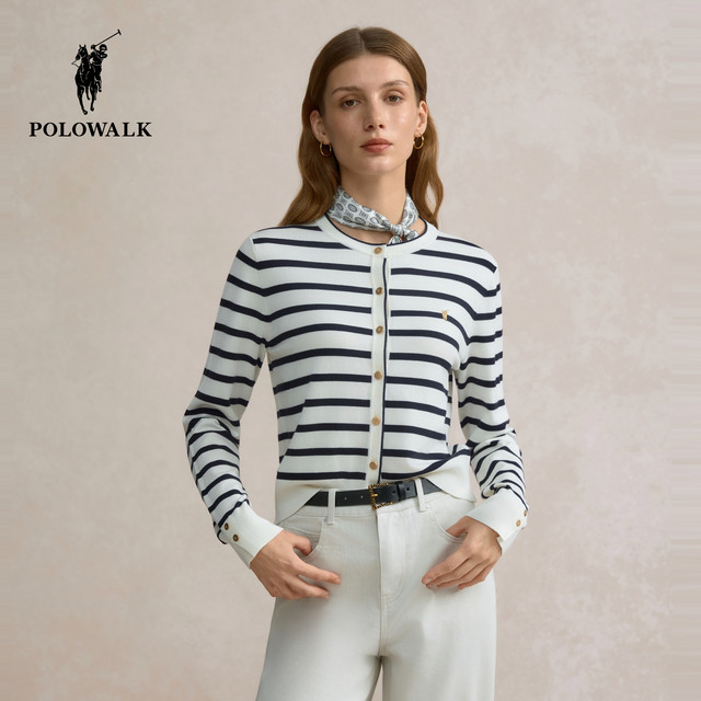 POLOWALK Women's Sweater Jacket Autumn and Winter Simple Striped ...