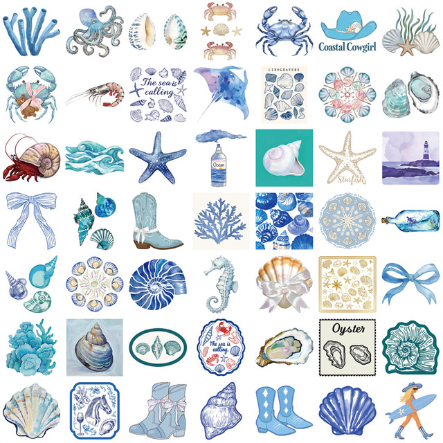 50 small fresh ins blue coast girl travel conch shell graffiti stickers ...