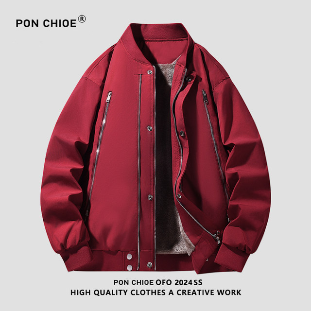 ponchioe American velvet thickened baseball jacket men's winter fashion ...