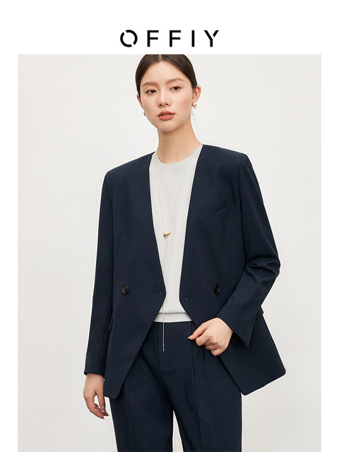 OFFIY-Handsome female lead, fashionable neckless silhouette double-breasted professional suit ...