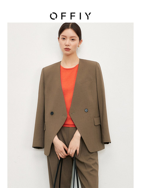 OFFIY-Very simple old money style early spring fashionable collarless silhouette double-breasted ...