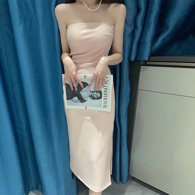 One word collar tube top long side split skirt wrapped chest skirt pure ...