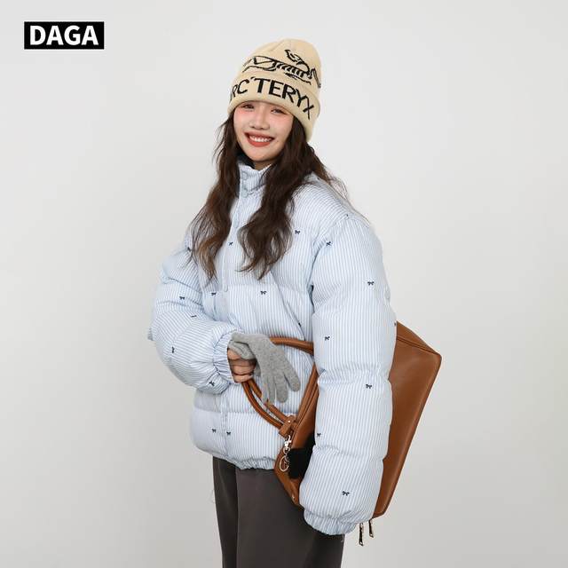 DAGA's new 90 white duck down striped bow print stand collar hoodless ...
