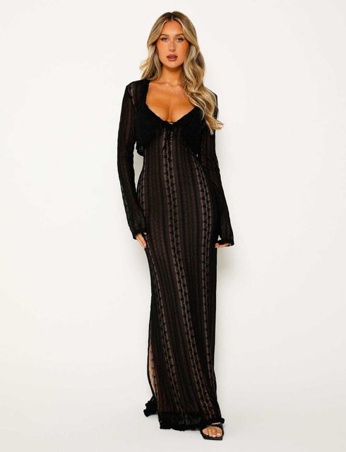 ELSA Xia Xingqi Passion Beach Holiday Long -sleeved Sunscreen Sexy V -neck Conduct Long Dress French