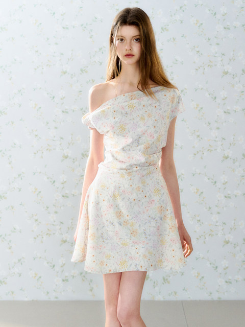 RECIT original design One-line cross-shoulder floral dress for women's ...