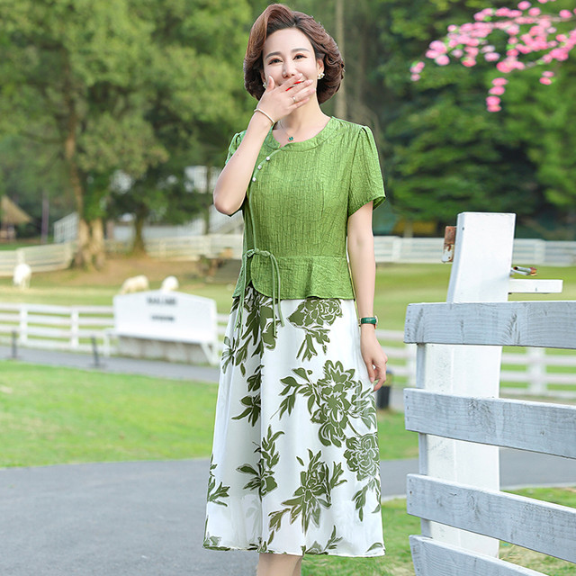 Mom summer short -sleeved dress, foreign skirt, ocean -reduced, middle ...