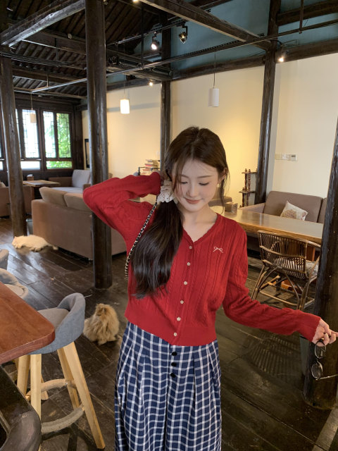 Jamuus Korean retro Angora red twist knit cardigan top female bubble ...
