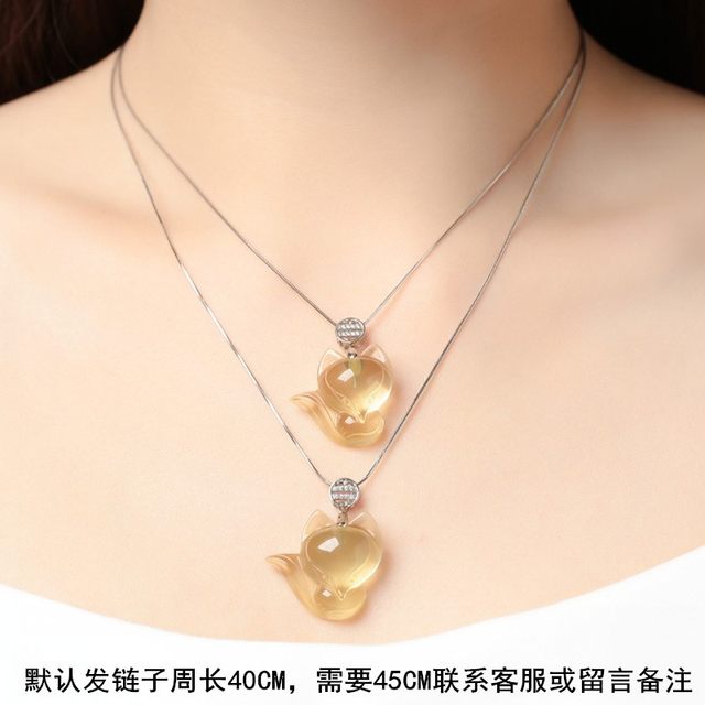 Natural citrine fox pendant for women black rope 925 silver clavicle ...