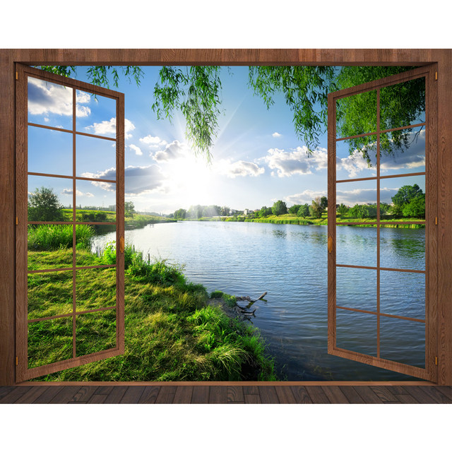 3D bedroom space fake window wall stickers living room forest park ...