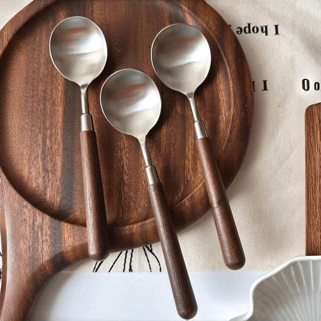 Imitation wood grain walnut color tableware stainless steel soup spoon ...