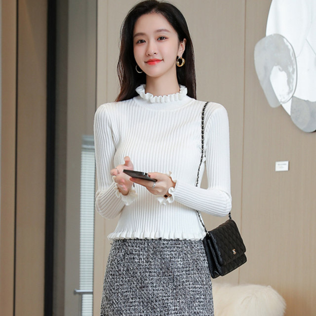 Temperament half-high neck black fungus knitted top for women long sleeves warm 2023 autumn and ...