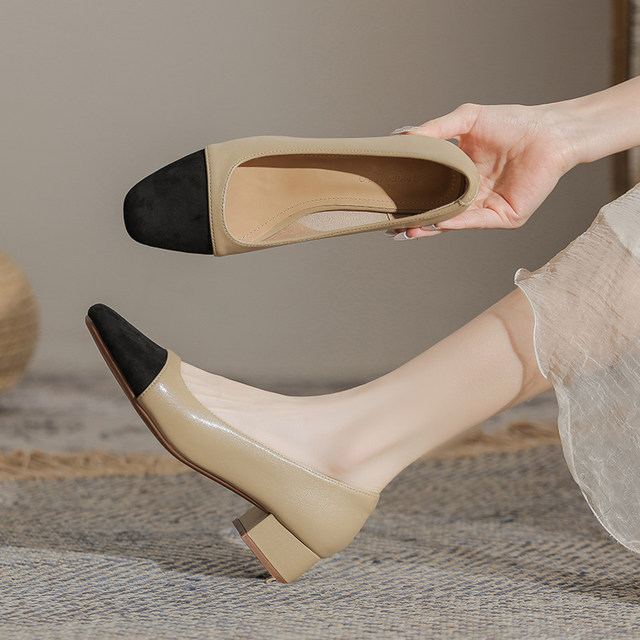 Sheepskin color -colored small incense wind thick heels Single shoes ...
