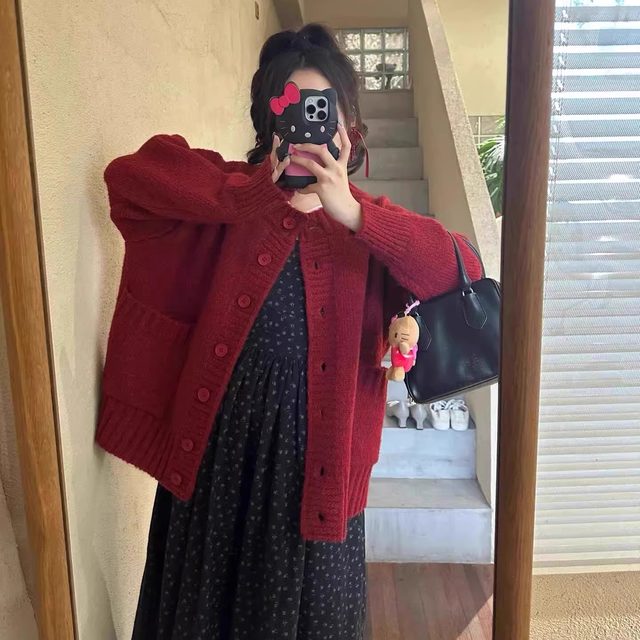 Red retro lazy style loose knitted cardigan sweater jacket for women's ...