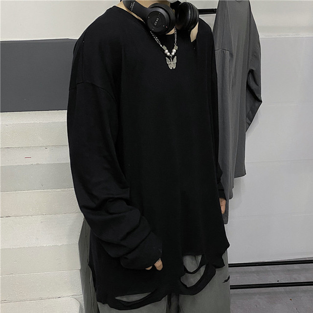 InsStudios trendy INS Korean version of retro versatile pure color ripped with bombing street ...