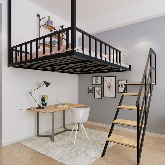 Small apartment loft bed suspension duplex second -floor bed iron elevated bed double bed ...