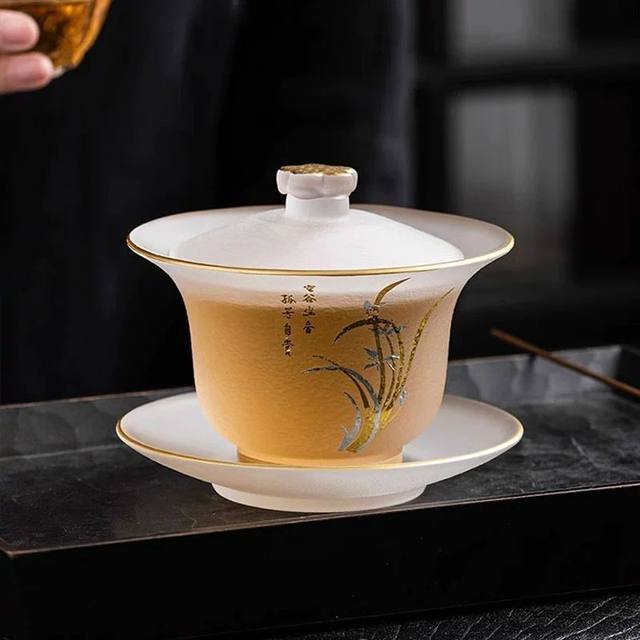 High -grade golden cover bowl Sancai bowl Meilan bamboo thick glass cup ...