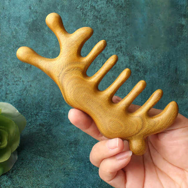 Green sandalwood comb for women's head, five-tooth meridian comb, scalp ...