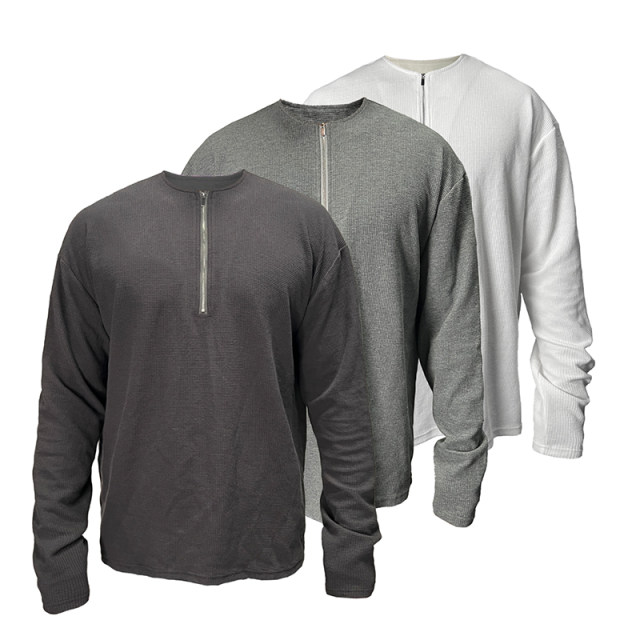 JCAESAR Half Zip Long Sleeve Niche American Half Zipper Waffle Solid Color Long Sleeve Men's Thin