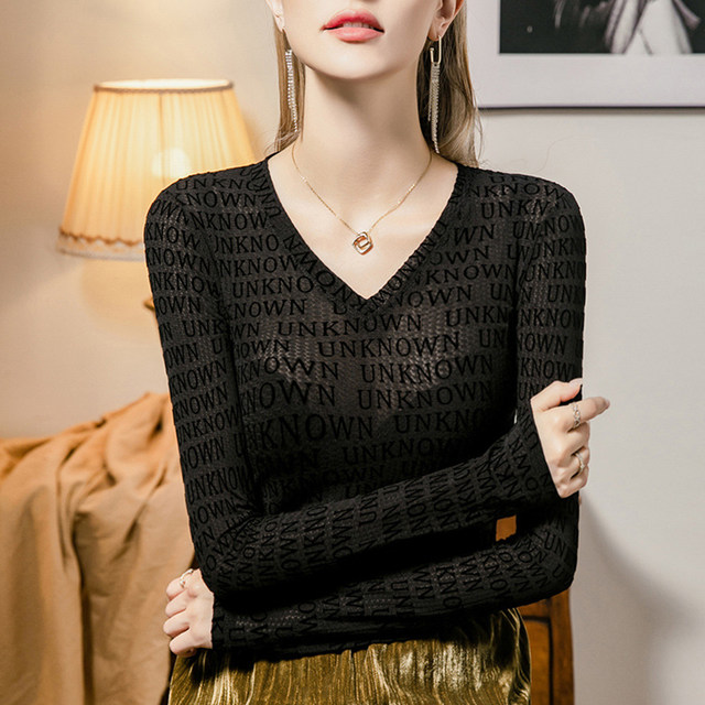 2025 new V-neck letter lace base shirt for women long-sleeved inner ...