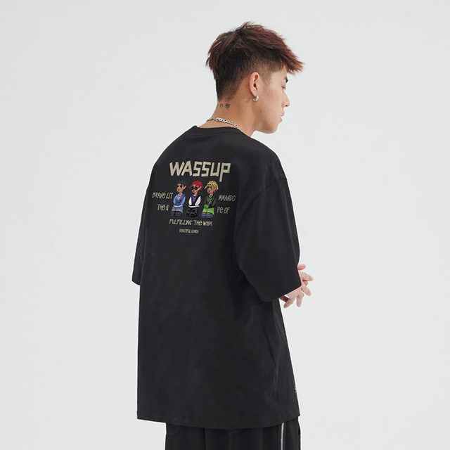 WASSUP trendy brand dirty braid boys American heavy retro T-shirt boys ...